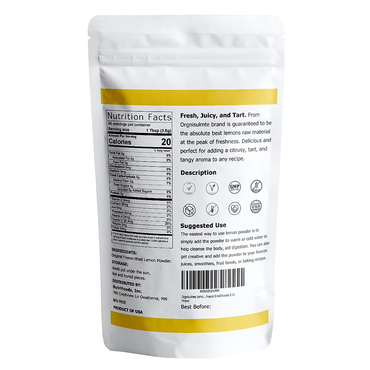 Orgnisulmte Lemon Powder,Whole Lemon Juice Freeze Dried Powder Strong Lemony Flavor 8 Oz