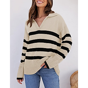 ZESICA Women's Winter Sweaters Lapel V Neck Long Sleeve Striped Chunky Knit Oversized Pullover Sweater Jumper Tops,Apricot,X-Large