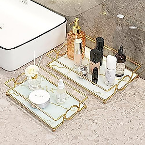 MYITYARD Vanity Tray, Bathroom Countertop Decorative Perfume Tray, Metal and Glass Tray for Jewelry, Makeup, Votive Candle Storage Organizer, 10.6" x 6.3", Gold
