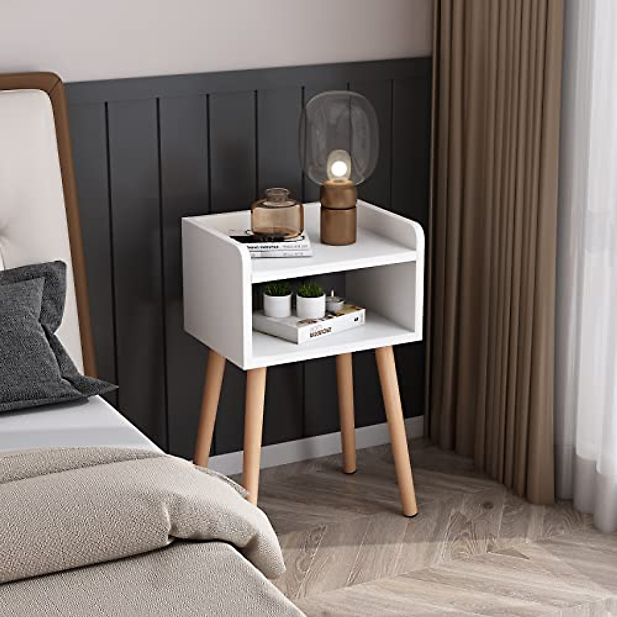 LUCKNOCK Nightstand, Mid-Century Modern Bedside Table with Solid Wood Legs, Adorable and Practical End Side Table with Open Storage Shelf, Fashion Bedroom Furniture White.