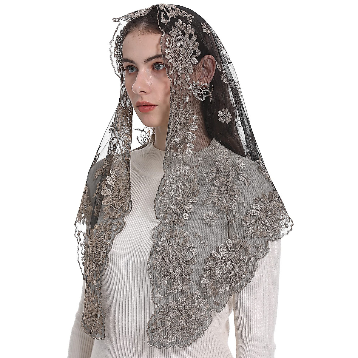 Bozidol Women's Chapel Lace Veils Catholic Church Mantilla Mass Head Covering Religious Christian Gift for Women (Black-Gold)