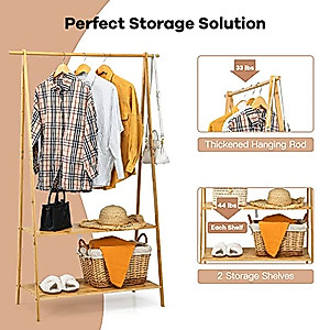 Giantex 2-Tier Bamboo Clothing Rack, 5.3Ft Freestanding Clothes Organizer Rack with Anti-tipping Devices, Cloth Hanger Standing Rack with Bottom Storage Shelves, Garment Racks for Hanging Clothes