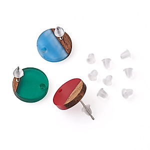FASHEWELRY 15 Pairs Resin Wood Earrings Posts Flat Round Wooden Earring Blanks Stud Wooden Earring Pin Studs with Earring Back for Dangle Earring Jewelry Making