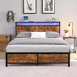 Majnesvon Modern Industrial Queen Bed Frame with LED Lights and 2 USB Ports, Metal Platform Bed Frame Queen Size with 2-Tier Storage Wooden Headboard, Noise Free, No Box Spring Needed - Queen