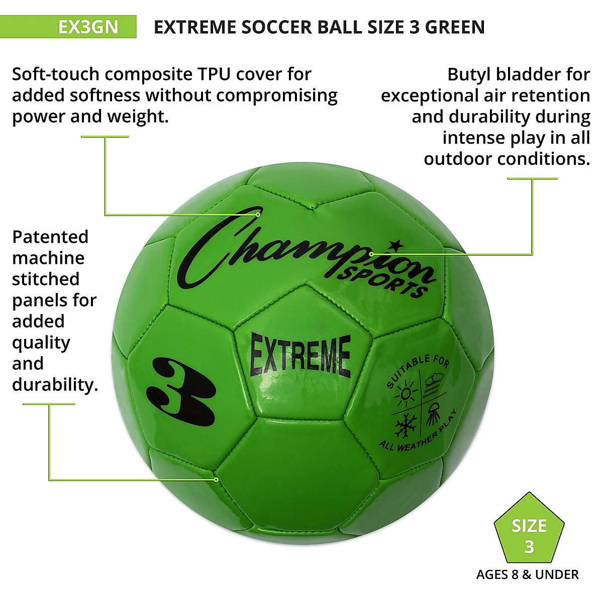 Champion Sports Extreme Series Soccer Ball, Size 3 - Youth League, All Weather, Soft Touch, Maximum Air Retention - Kick Balls for Kids Under 8 - Competitive and Recreational Futbol Games, Green