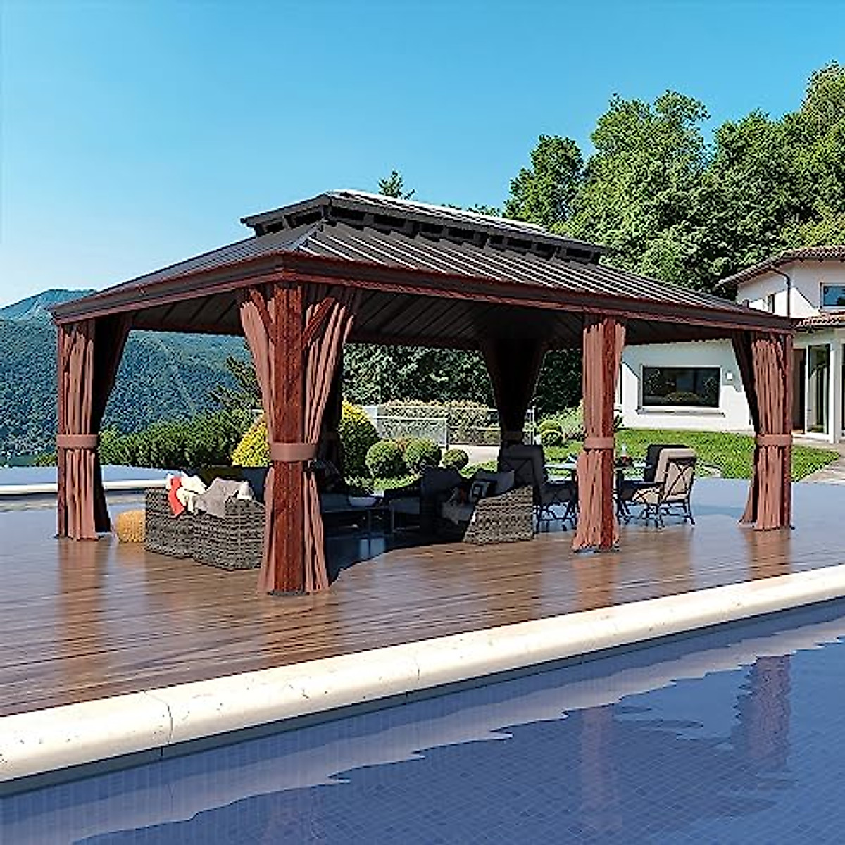 MUPATER 12' x 20' Gazebo, Wooden Finish Coated Aluminum Frame, with Double Galvanized Steel Hardtop Roof, Netting and Curtains for Garden, Patio Lawn and Parties