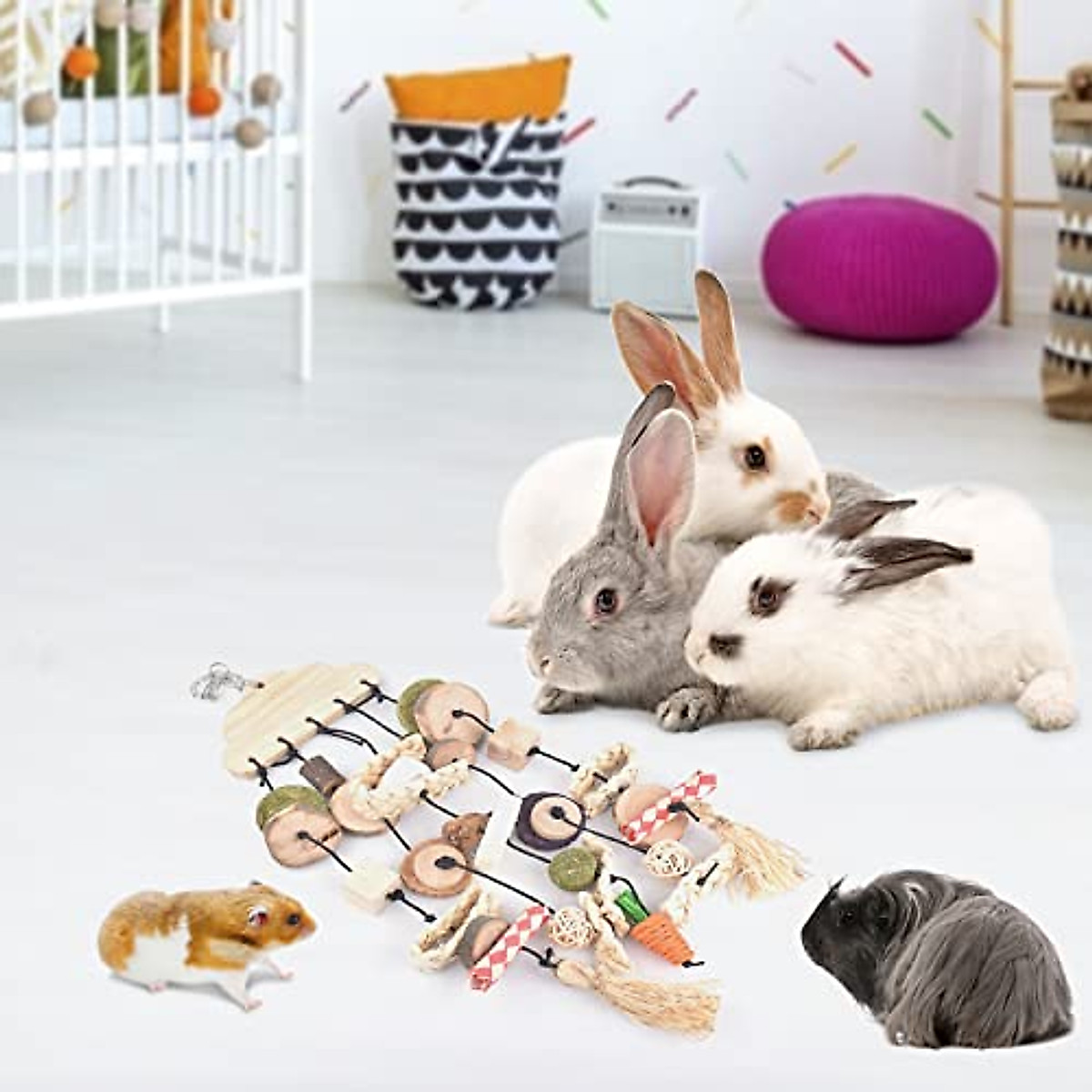 Bissap Rabbit Chew Toy, Bunny Cage Hanging Chew Toys and Treats Wooden with Snacks for Guinea Pigs Chinchillas Hamsters Rats and Other Small Pets Teeth Grinding