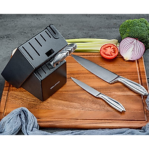 12 Slot Kitchen Knives Block, WELLSTAR Natural Wood Knife Holder without Knives – Hard Wood Countertop Knife Storage with Built-in Knife Sharpener - Black