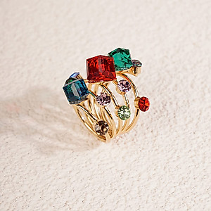 Jumwrit Gold Knuckle Ring Spiral Wrap Twist Ring Colorful Rhinestone Ring Open Finger Ring with Square Trendy Ring for Women Girls