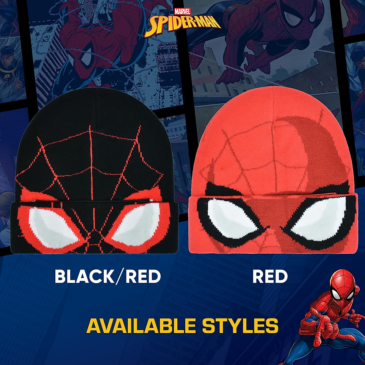 Marvel Spider-Man Miles Morales Roll Down Cuff Beanie Hat, Knitted Winter Skull Cap, Black/Red, One Size