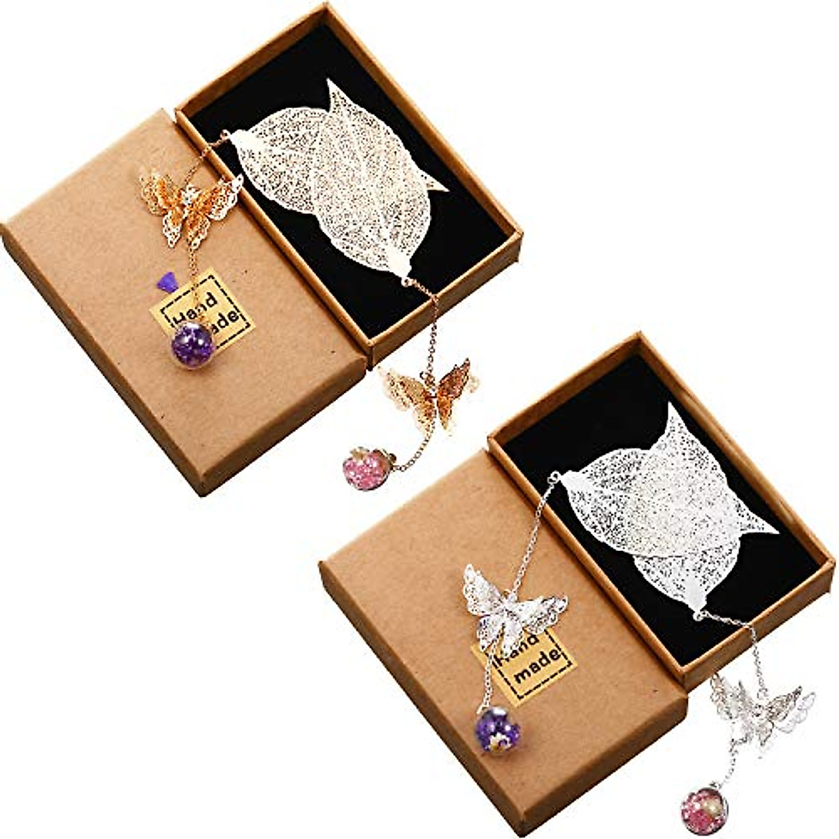 4 Pieces Metal Leaf Bookmarks, Graduate Student Reading Page Markers Bookend Pendant Bookmark Beautiful Metal Bookmark with 3D Butterfly and Glass Bead Dried Flower Pendant for Graduation, Reader