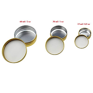 Golden Round Aluminum Cans Screw Lid Metal Tins Jars Empty Slip Slide Containers 48 Pieces 2oz 1oz 0.5oz Mixed Sizes