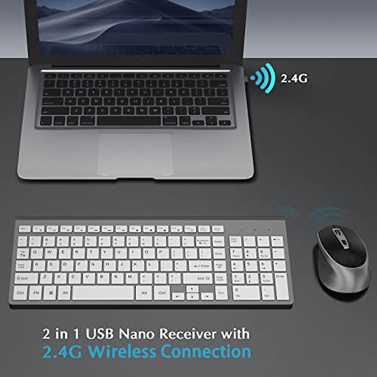 Wireless Keyboard and Mouse, J JOYACCESS Slim and Ergonomic Wireless Keyboard and Mouse Combo,Portable and Comfortable Typing for Laptop/Computer/Desktop/PC-Grey/Silver