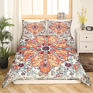 Erosebridal Orange Blue Duvet Cover Full Bohemian Vintage Bedding Set Retro Floral Exotic Comforter Cover Ethnic Boho Classical Abstract Geometric Flowers Quilt Cover for Women Adults Men