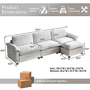 mestyl Comfy Modular Sectional Couch with Ottoman, 120" L Shaped 3 Deep Seat Fluffy Cloud Sofa, Modern Sleeper Sofas Soft Couches Set for Living Room, Apartment, Office, Studio, Chenille, Beige White