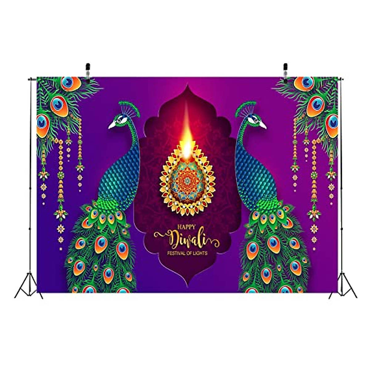 CORFOTO 5x3ft Fabric Happy Diwali Festival Backdrop Diwali Crystals Gold Diya Peacock Background Diwali Decorations Backdrop for Deevali Pooja Indian Wall Banner Happy Diwali Party Decorations Props