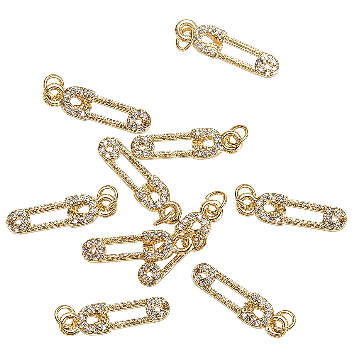 LiQunSweet 10 Pcs 17.5x5mm Safety Pin Shape Golden Brass Pendants with Clear Cubic Zirconia for Women Necklace Bracelet Earring Making
