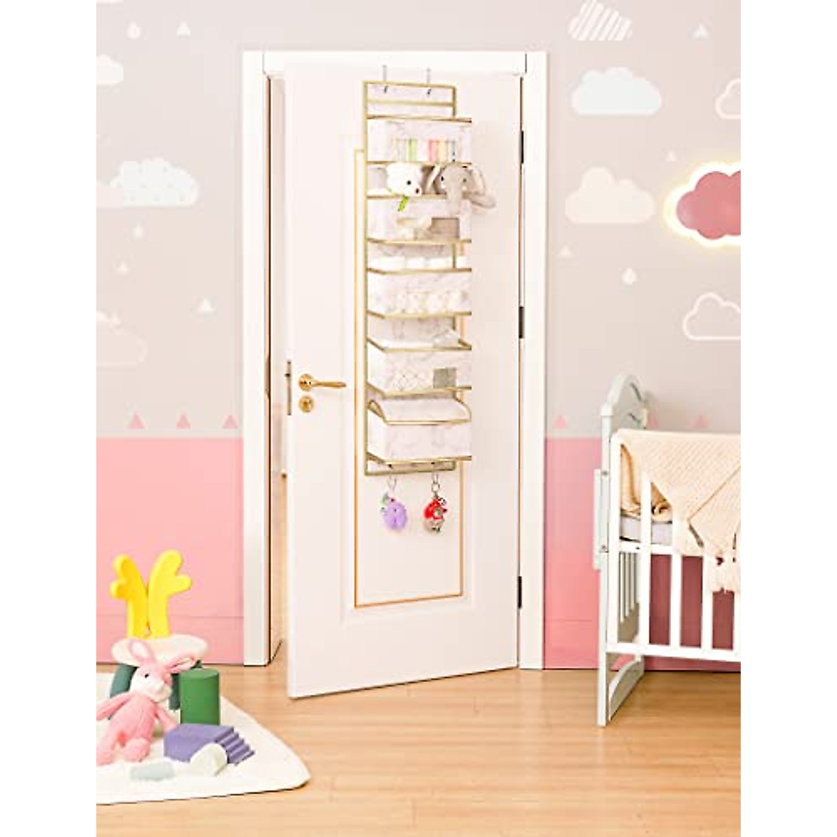 MYTHAUS Over Door Hanging Organizer - Wall Mount Closet Organizer 5-Shelf, Back of Door Bathroom Organizer with Clear Window,Storage for Baby Nursery/Pantry/Bedroom/Make up (White Marble)