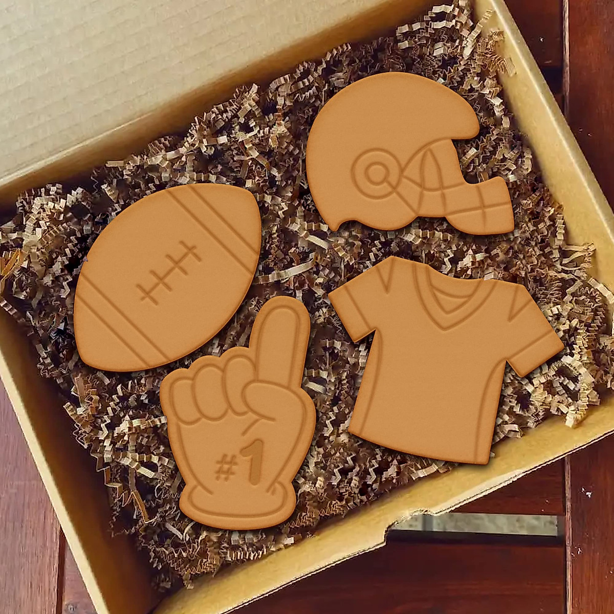 Moose Goods Football Cookie Cutter Set of 4 - Sports Cookie Cutters Shapes, Food Safe Plastic - Themed Football Cookie Cutters for Birthday Football Cookies - Football, Helmet, Jersey & Foam Finger