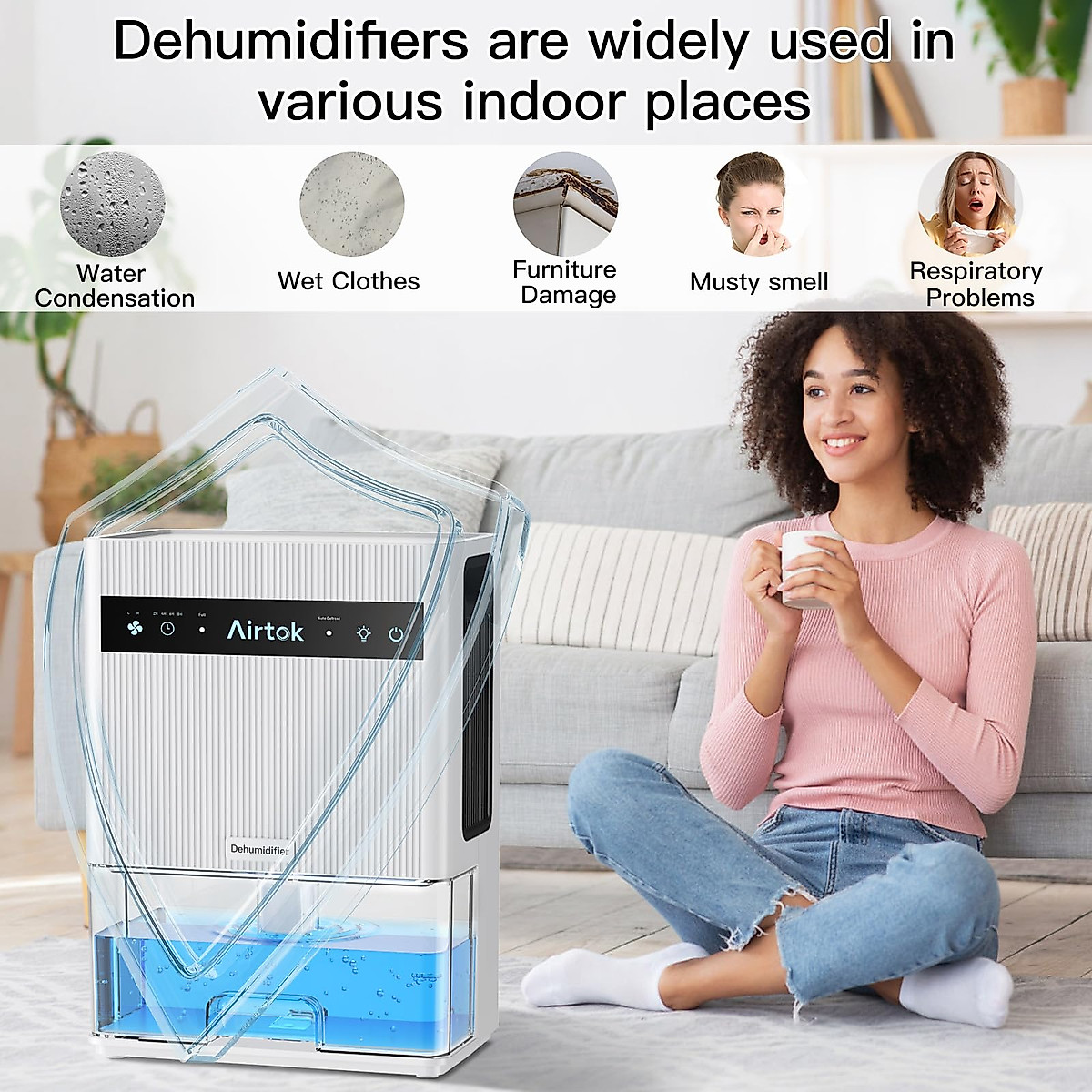 Airtok Dehumidifier for Home, Up to 950 Sq.Ft, 105.6 OZ Water Tank, Quiet Dehumidifier for Bedroom with Auto-Defrost, 4 Timer, Auto Shut Off, 7 Colors LED Light, for Bathroom Basement Closet RV