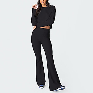 Gumipy Lounge Sets for Women 2 Piece Outfits Long Sleeve Crop Top & Flared Leggings Y2K Fall Outfits Trendy Workout Outfit Sets Cotton Jersey Collection Sweatsuits Yoga Matching Sets Tracksuit