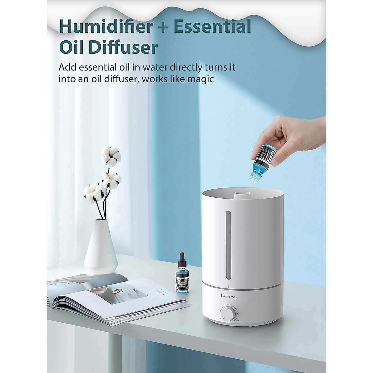 Elechomes 5L(1.32Gal) Cool Mist Humidifier & Essential Oil Diffuser Combo, Top Fill Ultrasonic Humidifiers for Bedroom, Baby Nursery Room and Office, Whisper-Quiet, 360° Nozzle, Auto Shut-Off Timer