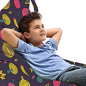 Lunarable Food Art Lounger Chair Bag, Colorful Pattern of Abstract Fruits and Vegetables Cuisine Theme Repetition, High Capacity Storage with Handle Container, Lounger Size, Plum Multicolor