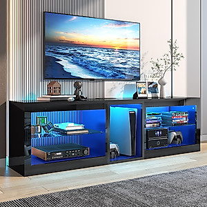 Vinctik 6&Fox High Gloss LED TV Stands w/Power Outlet,60,000-Colors Lighting for 55 60 65inch TV,Modern Black LED Entertainment Center w/Adjustable Glass Shelves for Living Room Gameroom Bedroom
