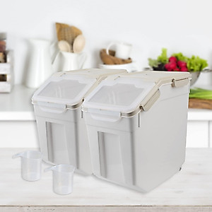 2 Pack Rice Storage Container 50 lbs, Airtight Flour Storage Containers Bin with Measuring Cup & Scoop, BPA Free Plastic Rice Dispenser for Flour, Rice, Grain Holder (Gray)