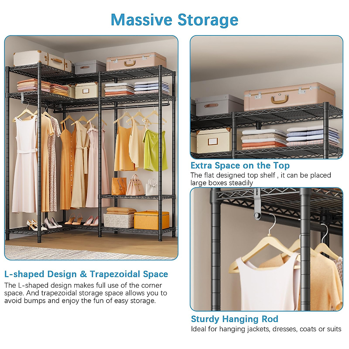 VIPEK L30 Garment Rack, Heavy Duty Corner Clothes Rack, L Shaped Corner Closet System with Adjustable Shelves & Hanging Rods, Freestanding Corner Wardrobe Portable Closet for Hanging Clothes