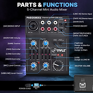 Pyle 5 Channel Audio Mixer - DJ Sound Controller Interface with USB Soundcard for PC Recording, XLR 3.5mm Microphone Jack, 18V Power, RCA Input and Output for Professional and Beginners -PAD20MXU