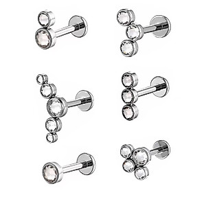 Piercingpops 6PCS 16G Tiny CZ Crystal Labret Piercing Stainless Steel Tragus Helix Lip Monroe Body Piercing Stud (6pcs Crystals Style) (Crystals Style)