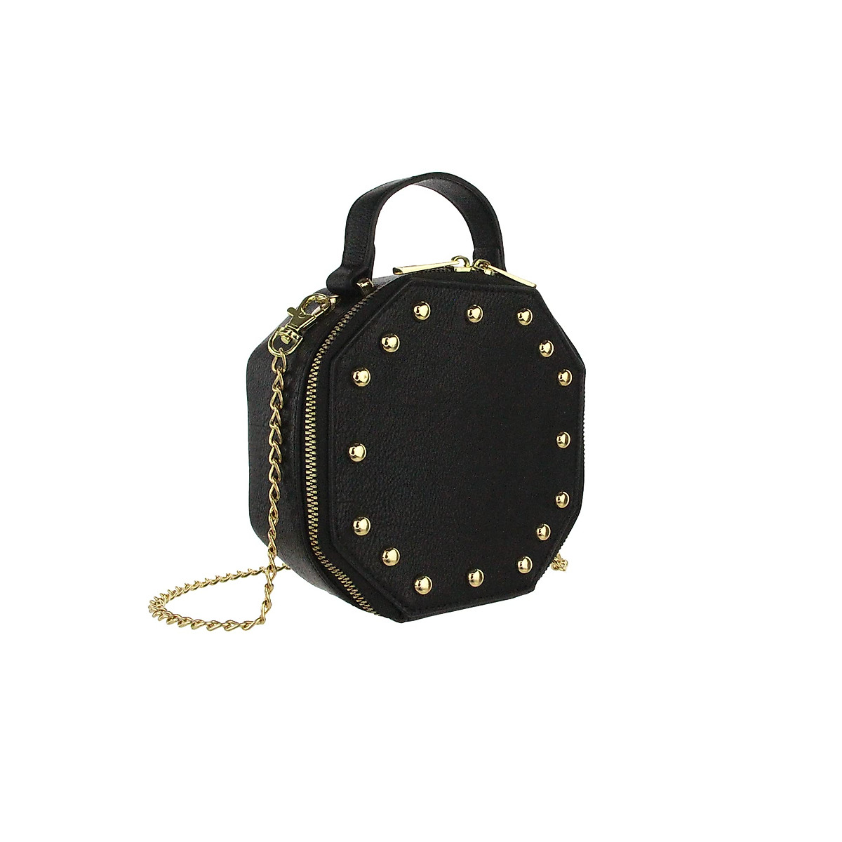 Olivia Miller Women's Fashion PU Leather Mini Octagon Crossbody Shoulder Handbag w Gold Stud Accent n Zipper, Casual Evening Purse