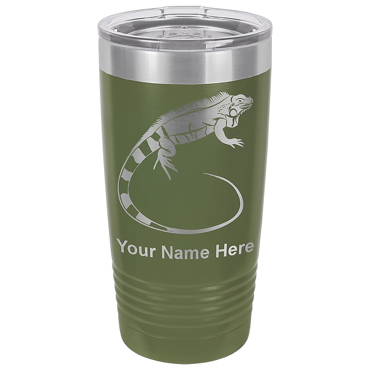 LaserGram 20oz Vacuum Insulated Tumbler Mug, Iguana, Personalized Engraving Included (Camo Green)