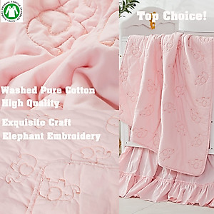 Brandream Girls Nursery Bedding Embroidered Elephant Crib Bedding Set Chic Sweet Pink Farmhouse Baby Cotton Quilt Set, 3 Pieces