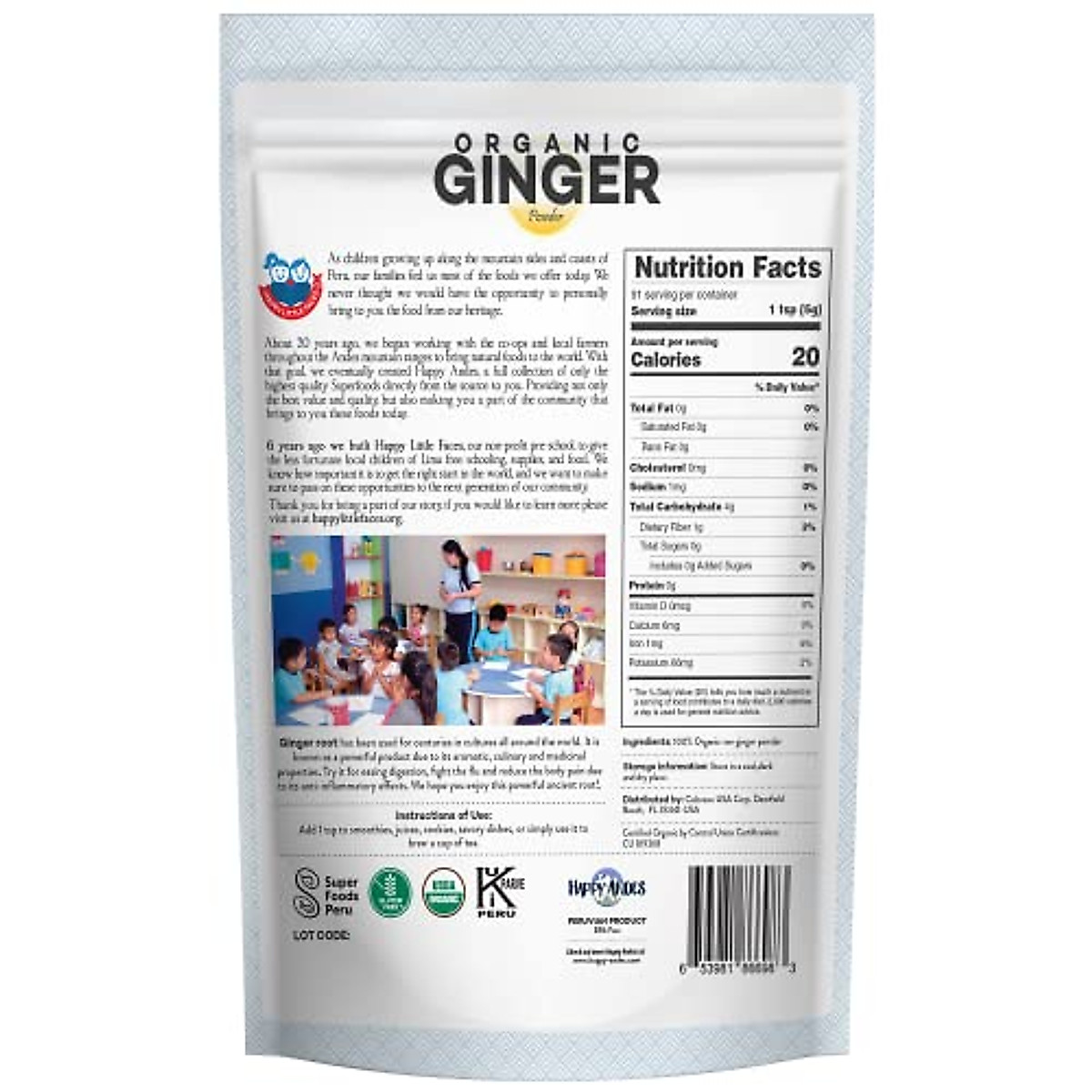 Happy Andes/ Andean Star USDA Organic Ginger Powder, Pure Ground Dried Root, Highly Aromatic, Strong Immunity, 100% from Peru, Tea, Superfood, Non-GMO, Gluten Free, Kosher, Keto, 1 lb