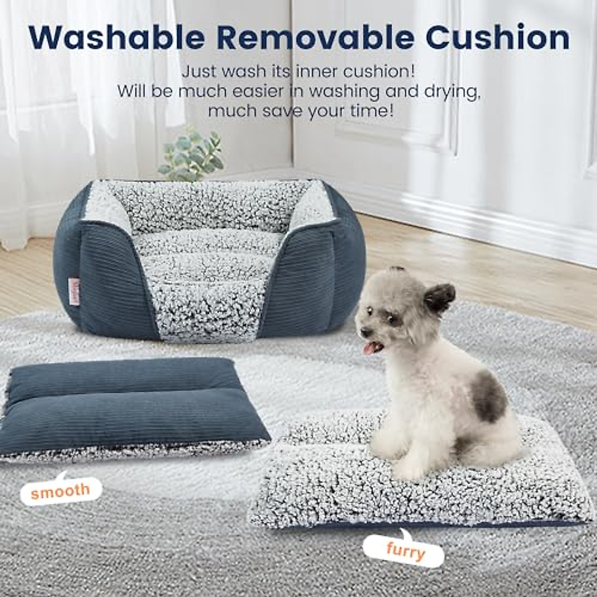 Miguel Washable Cat Beds for Indoor Cats with Removable Cushion, Easy to Wash Small Pet Sofa Bed with Side, Rectangle Bolster Kitten Bed Calming Cuddle Puppy Bed with Anti-Slip Bottom, Blue 18 Inch
