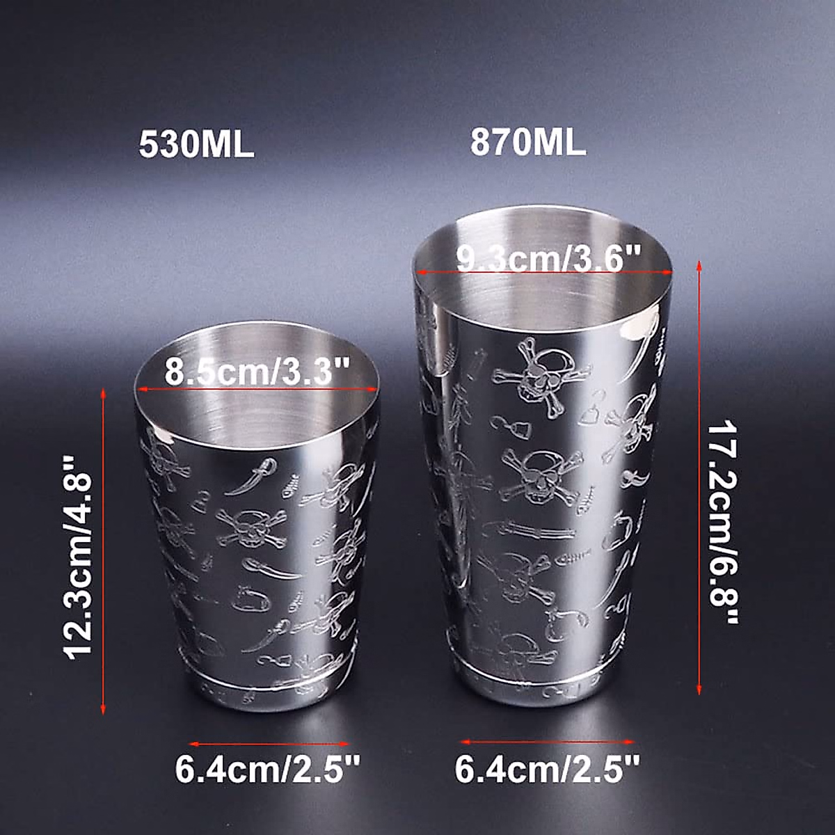 Stainless Steel Boston Shaker Tin with Etched Pattern - 2 Piece Weighted Cocktail Shaker 18oz & 28oz,Martini Drink Shaker Kit for Bartender Professional Bar Tools (Skull Pattern)