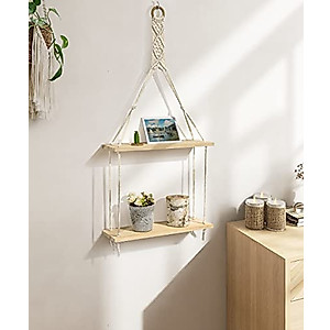 Afuly Macrame Hanging Shelves Wall Floating Shelf Natural Wood Chic Boho Decor 2 Tiers Pine Wood Cotton Rope Beige for Bedroom Bathroom Living Room Decor Ready to Hang, Beige