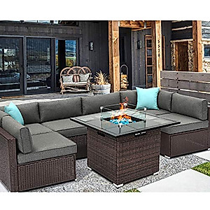 HOMPUS Outdoor Patio Furniture 7-Piece Wicker Sectional Sofa，Dark Gray Cushions w 32-inch Square Propane Fire Pit Table(40,000 BTU)，Internal Tank Storage，Glass Wind Guard