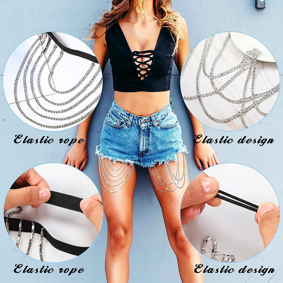 2 Pieces Leg Chains Thigh Chain Crystal Thigh Jewelry for Women Rhinestone Sliver Thigh Chain Layered Body Chain Beach Body Chains Girls Rave Party (Simple Style)