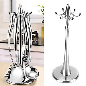 Kitchen Countertop Utensil Holder,304 Stainless Steel Cooking Utensils Set with Holder, with 8 Rotating Hooks,for Spoon, Spatula, Soup Ladle, Spaghetti Server, Skimmer