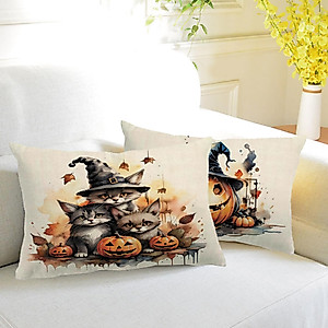 Halloween Theme Pillow Covers Double-sided Printed Halloween Cats With In Witches' Hats And Spooky Elements Rectangular/Waist Cushion Cover Farmhouse Autumn Decorative Pillowcases 12" x 20"