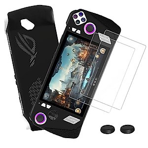PAKESI Silicone Case for ASUS ROG Ally 2023 Release,Handheld Game Console Cover Protector Case with 2 Thumb Grip Caps and 2 Pack Screen Protectors - Enhance Your Gaming Experience(Black)
