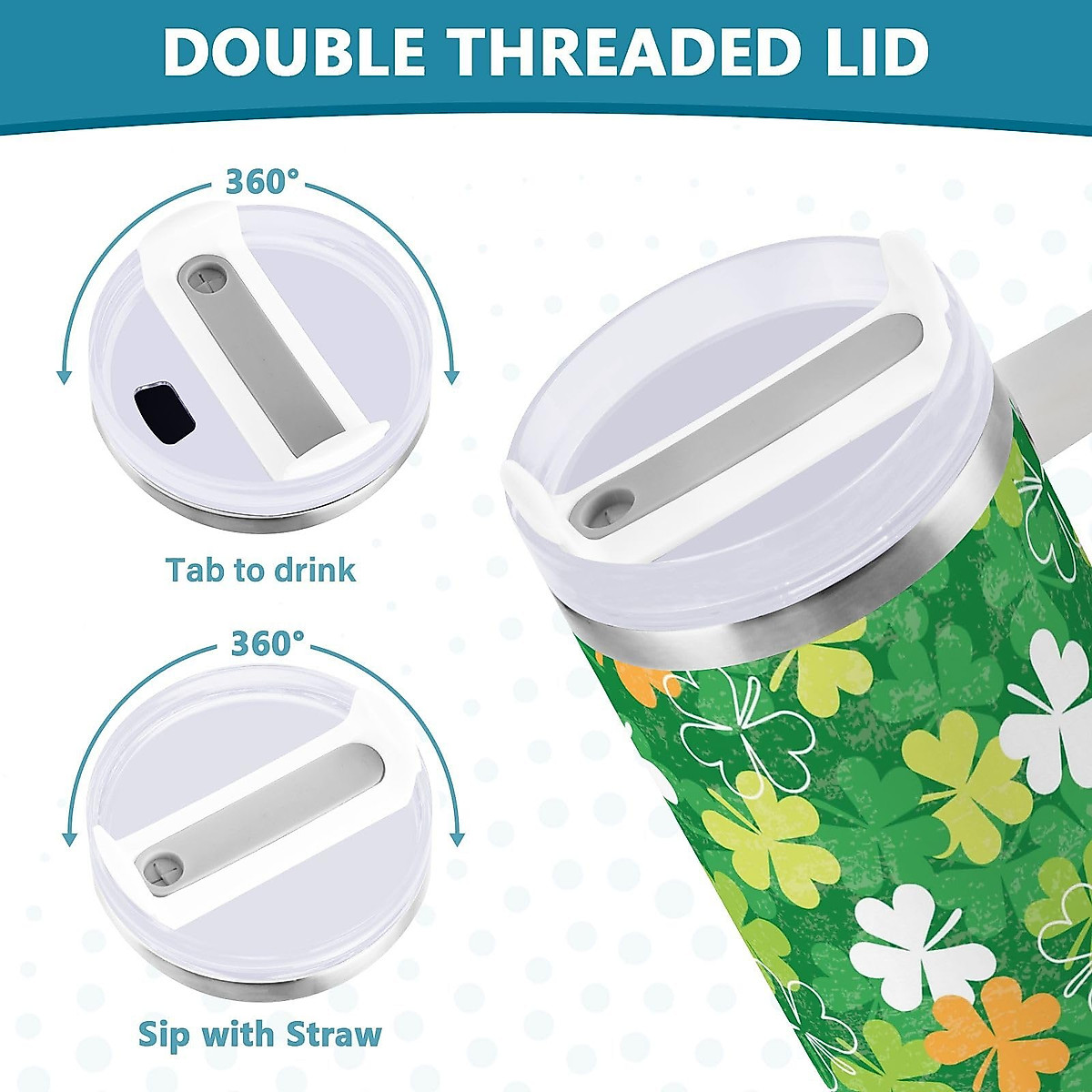 Bseiialft 40 oz Tumbler with Handle St Patrick's Day Shamrock Clovers Water Bottle with Lid and Straw Vacuum Insulated Cup Stainless Steel Travel Coffee Mug for Home Office Car