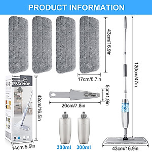 Tobeelec Spray Mop for Floor Cleaning, Microfiber Floor Mop Dry Wet Mop for Laminate Tile Ceramic Hardwood Wooden Vinyl with 4 Reusable Pads & 2 Refillable Bottle & 1 Scraper(Gray)