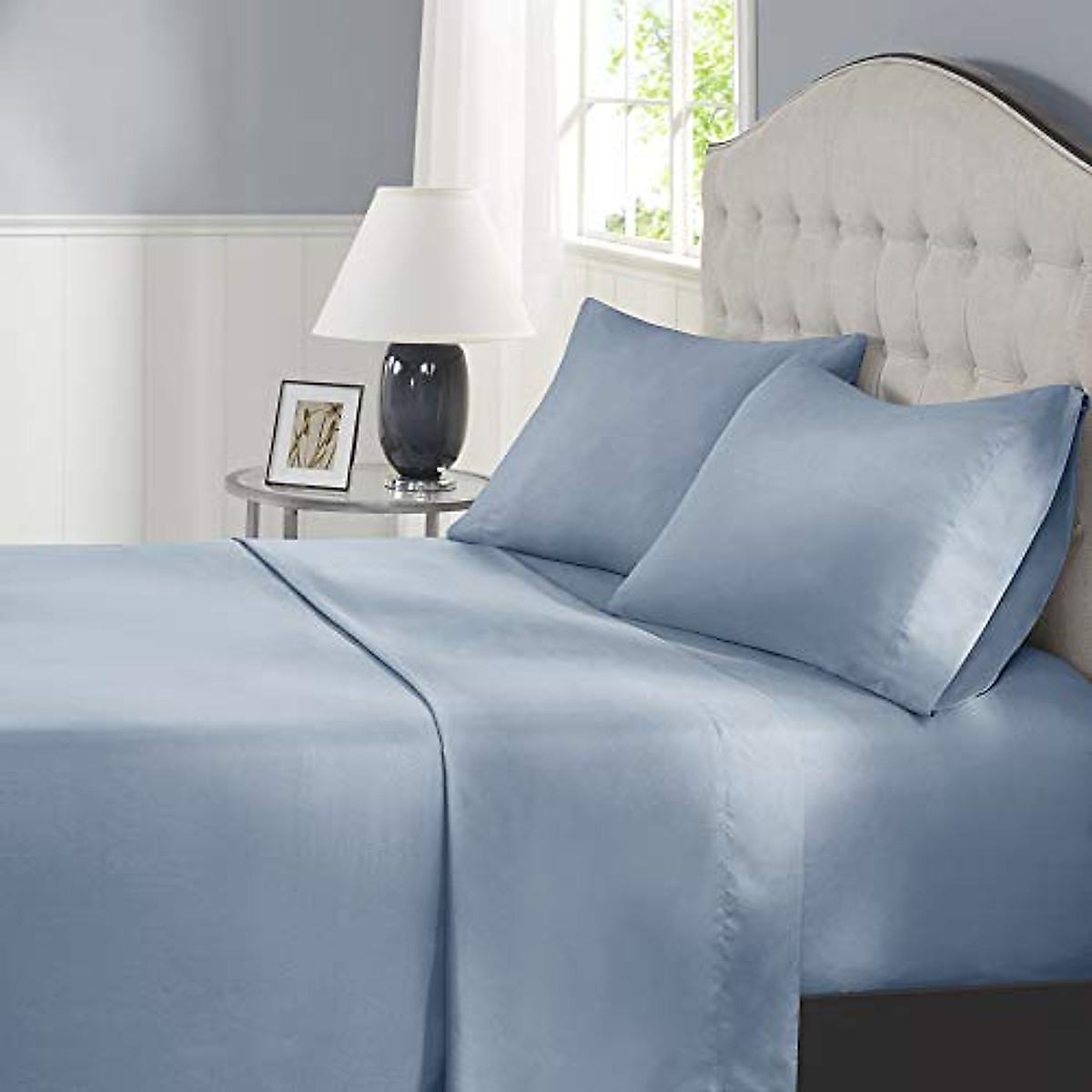 Comfort Spaces Coolmax Moisture Wicking Sheet Set Super Soft, Fade Resistant, 16" Deep Pocket, All Around Elastic - Warm Weather Cooling Sheets for Night Sweats, Queen, Blue 4 Piece