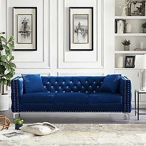 Harper & Bright Designs Velvet Upholstered Three-Seater Sofa, 82.3'' Wide Blue Velvet 3-Seat Sofa with Jeweled Buttons, Square Arm, Two Pillows Included for Living Room, Office