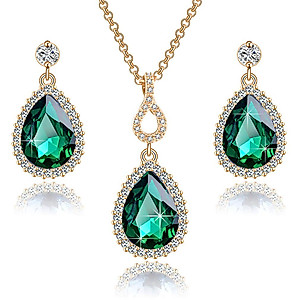 EVEVIC Austrian Crystals Teardrop Pendant Necklace Earrings for Women 14K Gold Plated Hypoallergenic Jewelry Set (Green)