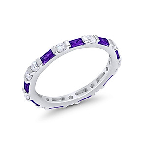 Blue Apple Co. 3mm Full Eternity Stackable Art Deco Wedding Band Baguette Round Simulated Amethyst Cubic Zirconia 925 Sterling Silver Size-8